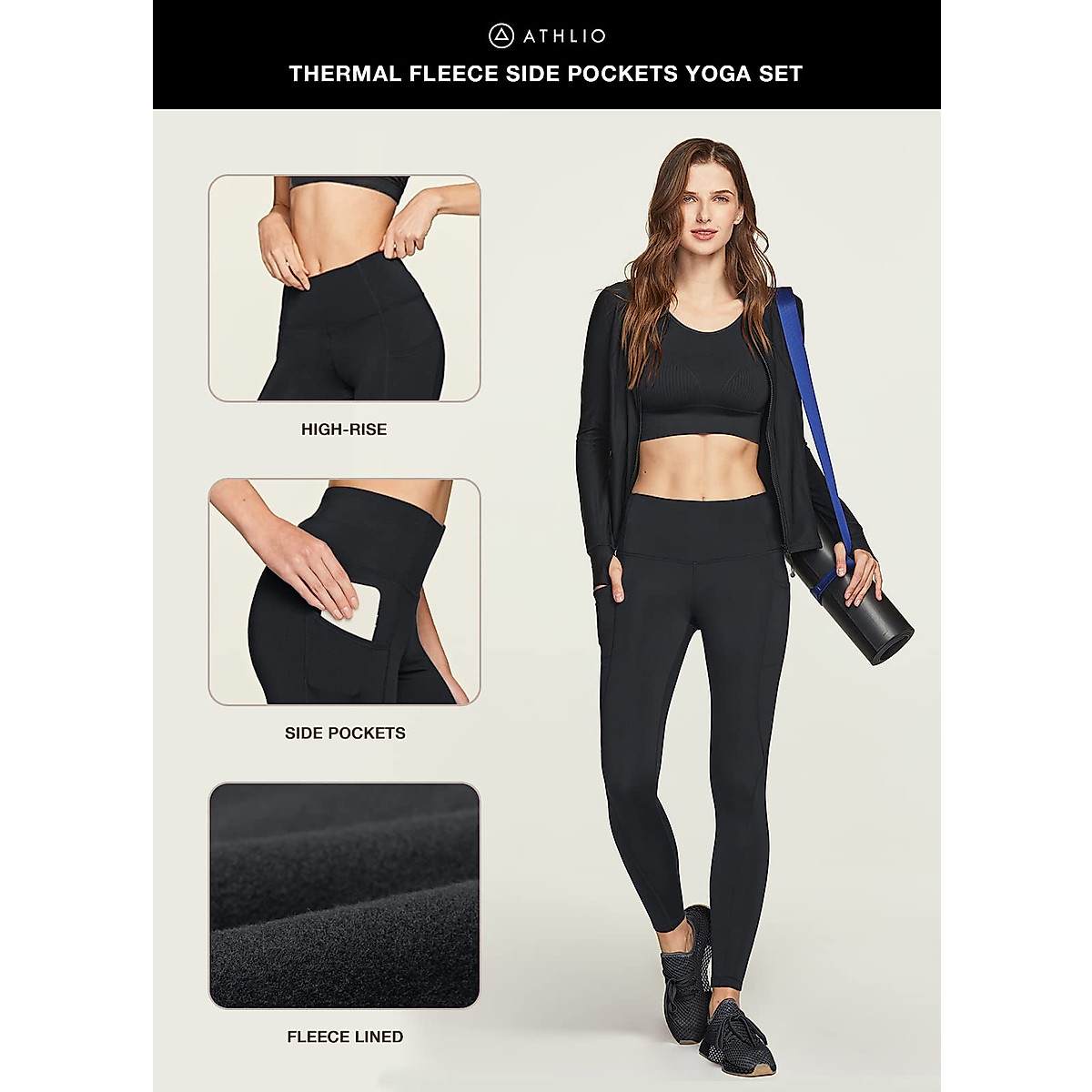 ATHLIO Women's Thermal Yoga Pants, High Waist Warm Fleece Lined Leggings, Winter Workout Running Tights, Thermal Pocket Black/Olive, X-Small