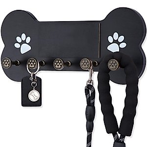 Nekon Dog Leash Holder for Wall - Wooden Key Holder Wall Mount for Entryway Organization - Pets Accessories Storage with Chalkboard and Dog Paw-Shaped Hooks (Black)