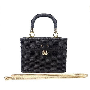 Handwoven Rattan Bag, Natural & Elegant Vintage Purse Bag Beach Sea Handbag Holiday Bag Casual Handbag (Black)