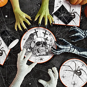 Spider Webs Halloween Party Supplies - Featuring Skull & Spider Themes, All-inclusive Wicked Web Paper Plates, Napkins, Cups, Tablecloth, and Banner. Ideal for Halloween Party Decorations, Serve 25 .