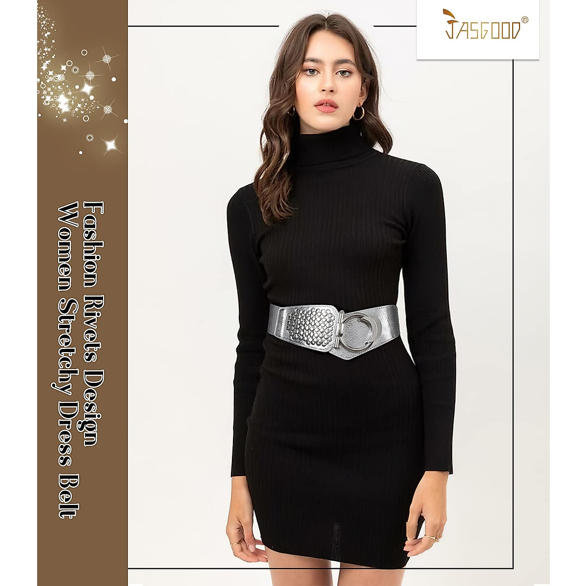 JASGOOD Women's Fashion Vintage Wide Elastic Waist Belt with Rivets Studs, E-Grey, Fit Waist 34"-40"