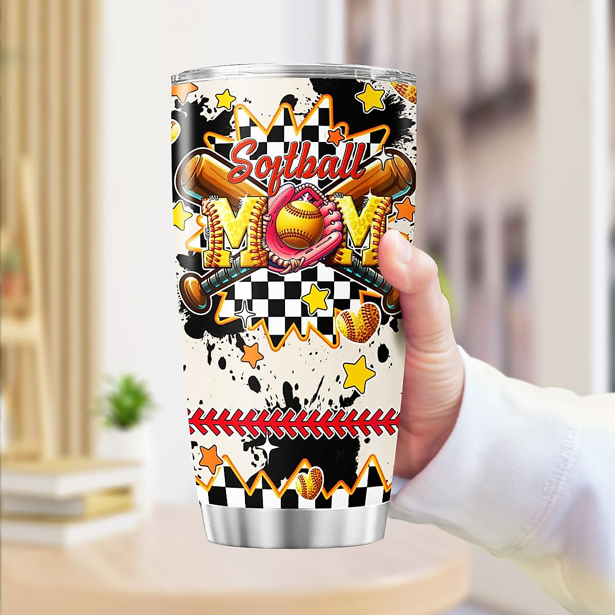 HUBUPU Checkered Water Funny Modern Mother Tumblers Simply Mama For Coffee Cups Women Mothers Simple, Softball Gifts, Tumbler 20 Oz With Lid And Straw, Softball Mom Colorful