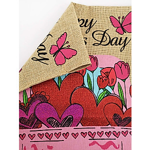 Texupday Happy Valentine's Day Double Sided Burlap Garden Flag Love Heart Floral Pink Truck Butterfly Decoration Outdoor Flag 12" x 18"