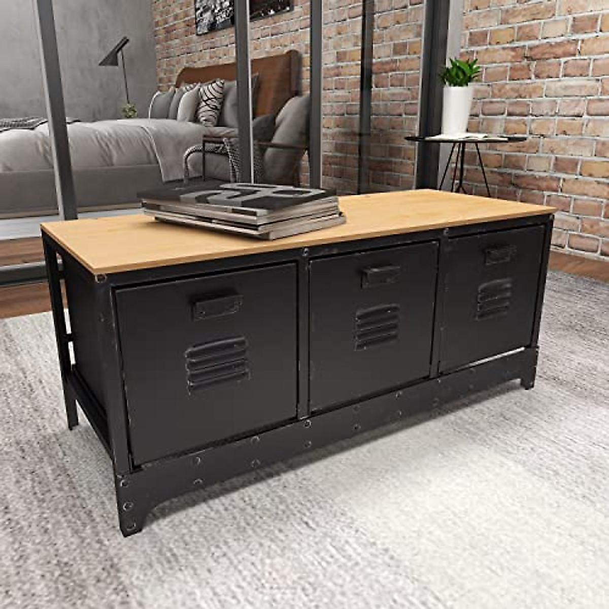 Deco 79 Metal Low Profile File Cabinet 3 Drawers Storage Bench with Brown Wood Top, 39" x 16" x 19", Black