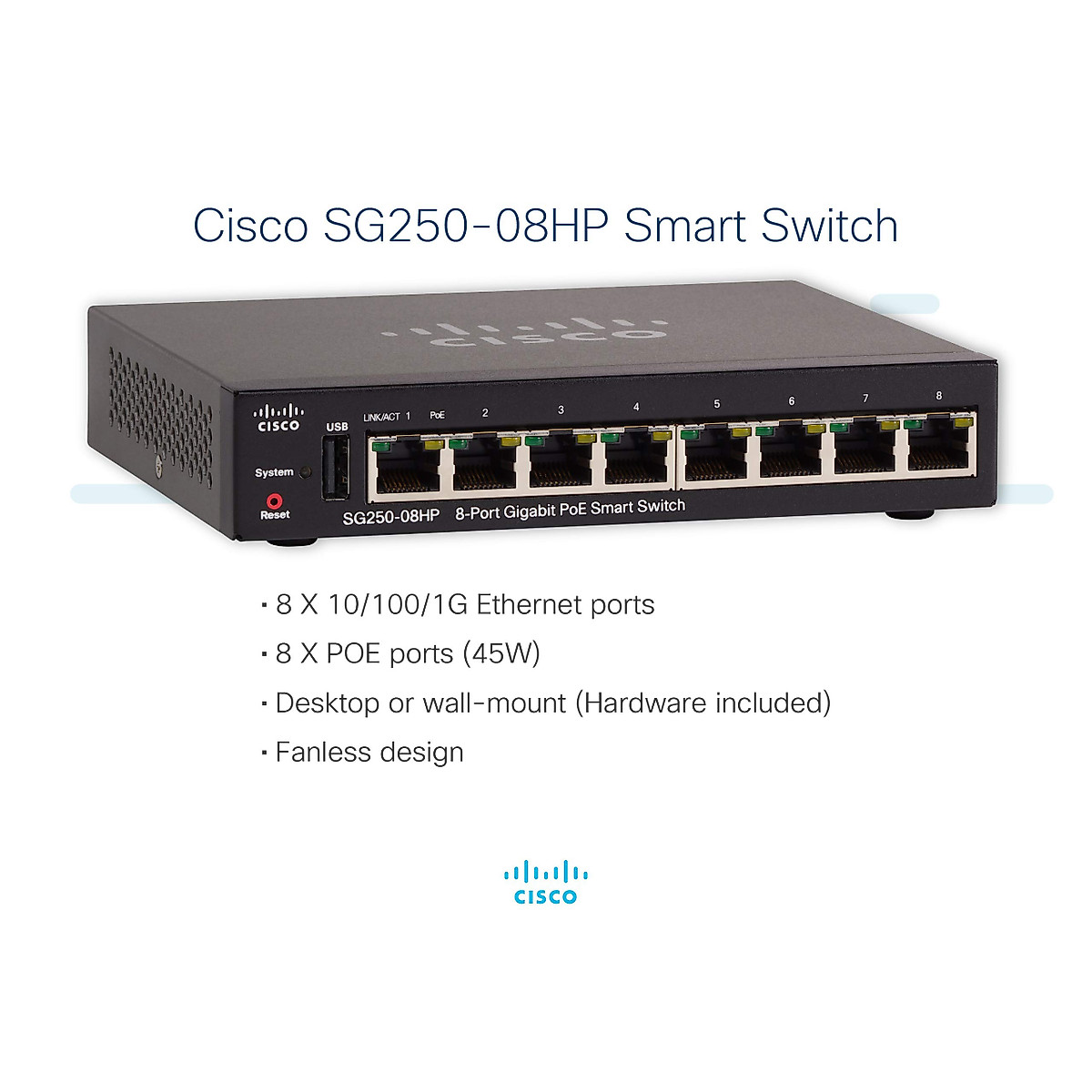 Cisco SG250-08HP Smart Switch | 8 Gigabit Ethernet (GbE) Ports | 45W PoE | Limited Lifetime Protection (SG250-08HP-K9-NA)