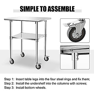 Hasopy Food Prep Stainless Steel Table 30" x 24", Heavy Duty Workbench with Adjustable Under Shelf, Commercial Worktable with 4 Casters for Commerical Kitchen, Restaurant, Home and Hotel
