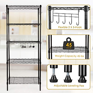 LEHOM 5-Tier Metal Storage Shelves 23.63" L×13.78" W×59.1" H Wire Shelving Unit Storage with Adjustable Leveling Feet for Laundry Bathroom Kitchen,Steel Organizer Wire Rack 220 LBS Capacity
