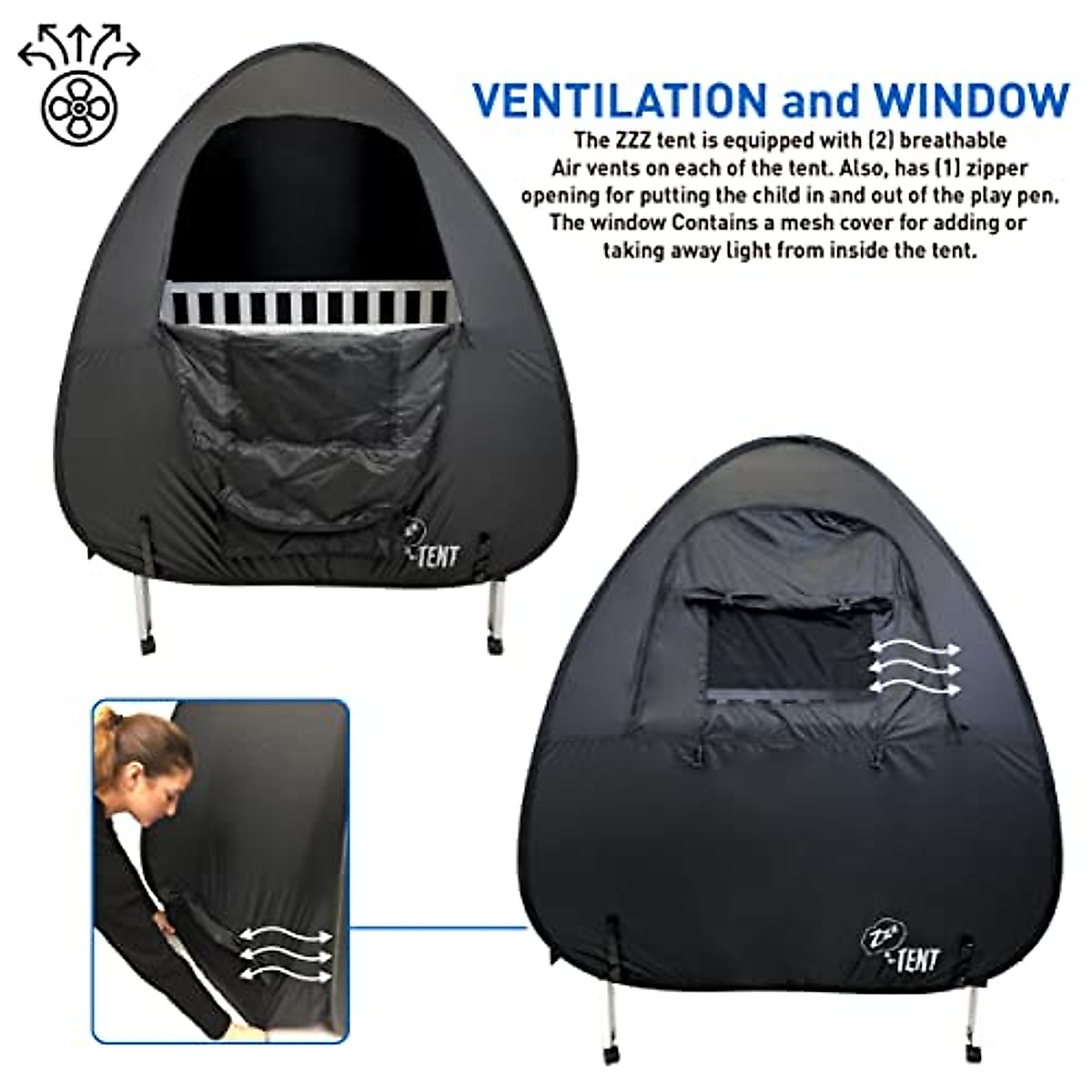 ZZZ Mini Crib Sleeping Canopy Cover Instant Tent – Great at Home and Travelling - Compatible with Dream On Me, Delta, Davinci & Graco Travel Crib & Others… Portable and Patented - Black