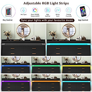 Hlivelood 6 Drawer Dresser with LED Light and Charging Station, Modern Chest of Drawers for Closet, Wide Drawer Organizer Cabinet for Bedroom, Living Room, Entryway, Hallway(Black)