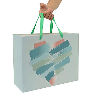 13" Large Mint Green and Peach Gift Bag Set with Greeting Card and Tissue Papers (Brushstroke Heart Design) for Celebrating Birthday Party, Mother's Day, Wedding, Anniversary, Bridal Shower - 13”x5.2”x10.2”, 1 Pcs.