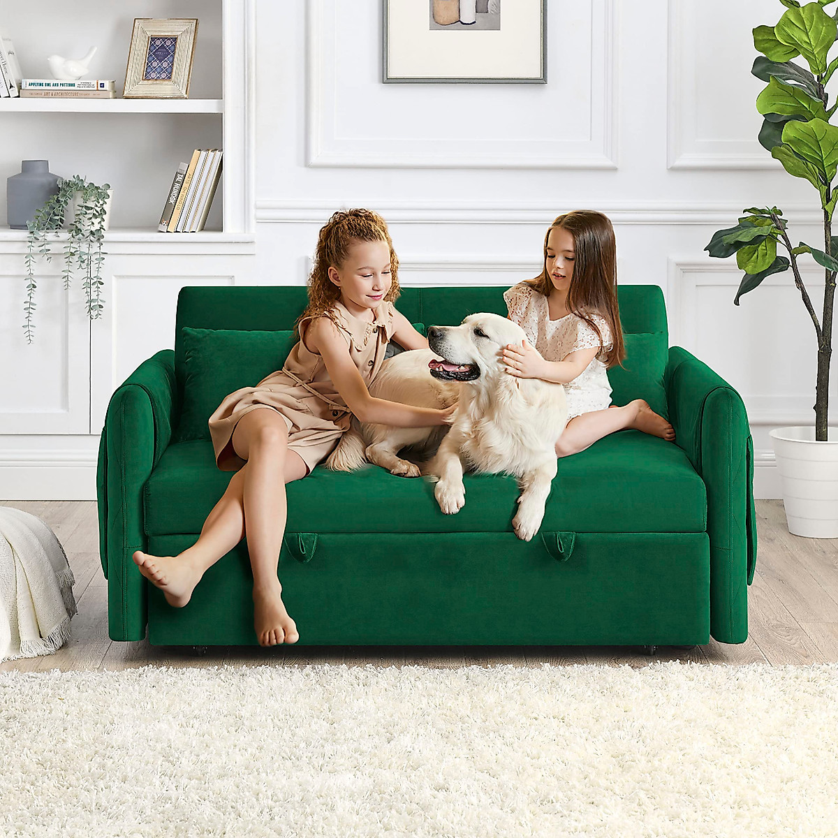 Ucloveria Sleeper Sofa, Pull Out Couch with 2 Detachable Arm Pockets, Loveseat Sleeper Adjustable, 55" Convertible Pull Out Sofa Bed for Living Room Bedroom, Velvet Green