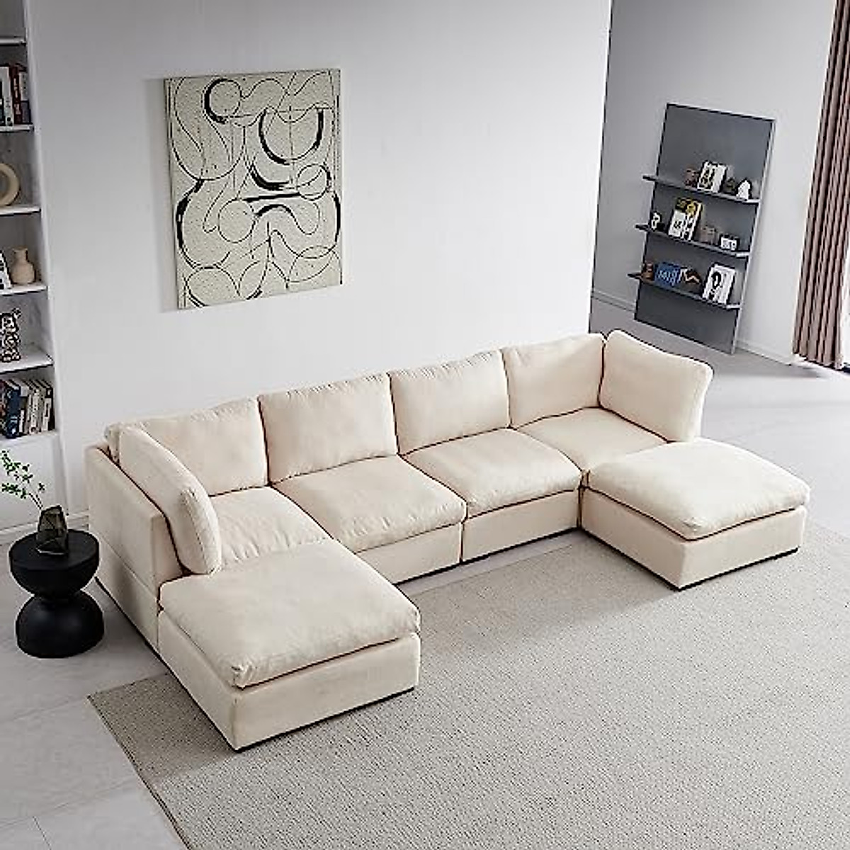 YUNLife&Home Free Combination Modular Sectional Sofa with Reversible Chaise,Down Filled Upholstered U-Shaped 6-Seat Corner Couch w/Moveable Ottoman,Comfy Oversized Sofá for Living Room