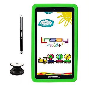 LINSAY 7" 2GB RAM 32GB Storage Android 12 Tablet with Green Kids Defender Case, Pop Holder and Pen Stylus