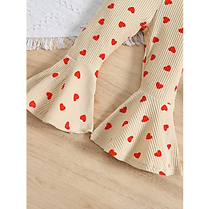 BOUTIKOME Toddler Baby Girl Valentine's Day Outfits Bell Bottom Romper Love Heart Strap Sleeveless One Piece Jumpsuit(Beige,4-5T)