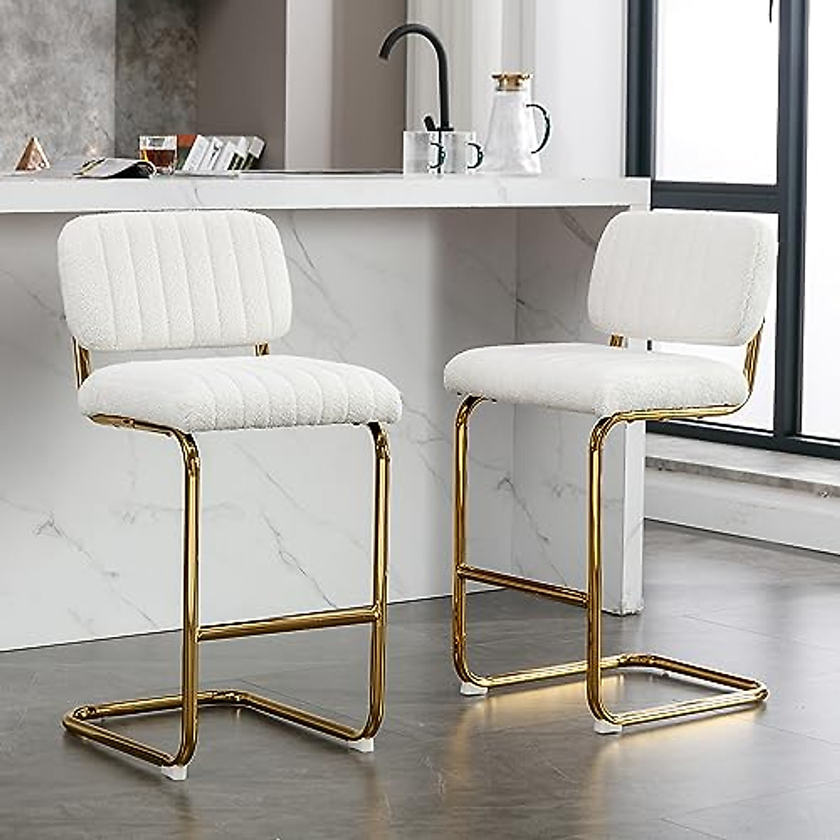 USIIN Mid-Century Modern Counter Height Bar Stools for Kitchen Set of 2, Armless Bar Chairs with Gold Metal Chrome Base for Dining Room, Upholstered Boucle Fabric Counter Stools,Ivory