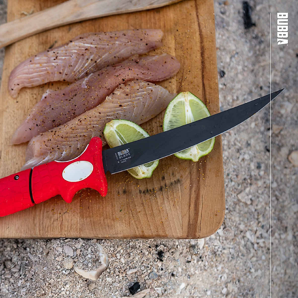 BUBBA 7" Tapered Flex Folding Knife with Non-Slip Grip Handle, Offset Full Tang Stainless Steel Blade, Lanyard Hole and Synthetic Sheath for Fishing