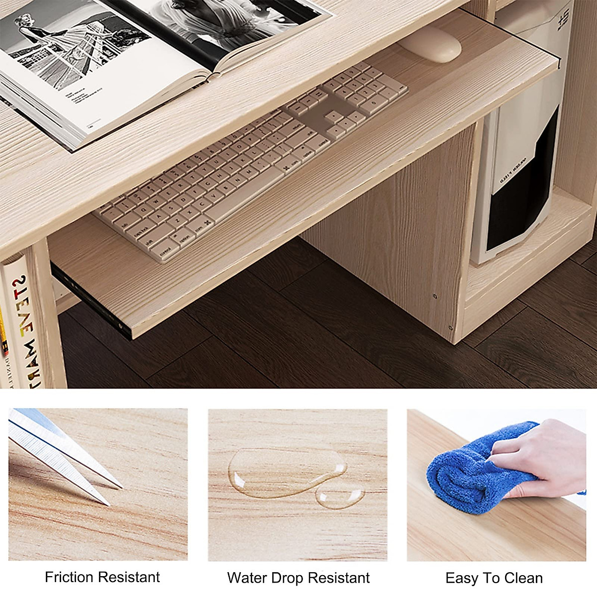 U&G Wooden Computer Desk Study Writing Table,Home Office Desk with Drawers and Storage Shelves,Pc Laptop Table with Keyboard Tray for Bedroom Small Spaces Workstation-D 114x40x92cm(45x16x36inch)