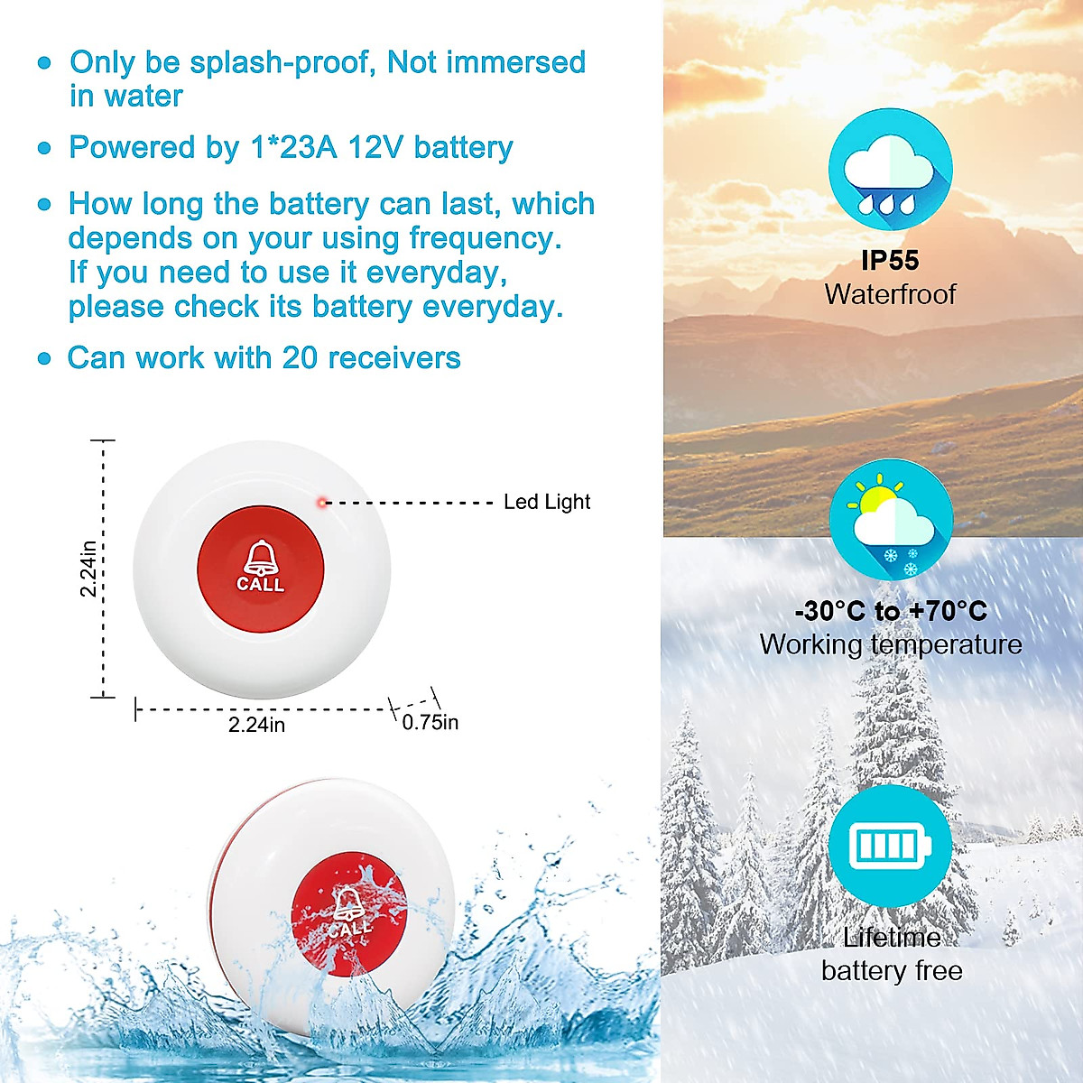 CallToU Wireless Caregiver Pager Call Button Nurse Alert System Waterproof 500+ Feet for Elderly Monitoring Patient Seniors 3 Transmitters 1 Plugin 1 Vibration Receiver