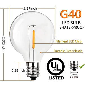 25 Pack G40 Led Replacement Light Bulbs, E12 Screw Base Shatterproof LED Globe Bulbs for Outdoor String Lights, 0.6 Watt Dimmable Light Bulbs, Warm White Light Bulb