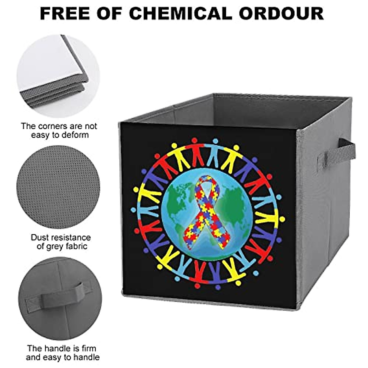 Autism Awareness Storage Bins Cubes Foldable Fabric Organizers with Handles Clothes Bag Book Box Toys Basket for Shelves Closet 10.6"