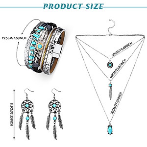 3 Pcs Western Jewelry for Women Bohemian Turquoise Set Turquoise Pendant Necklace Western Dangle Earrings Turquoise Bracelet(Cute Style)