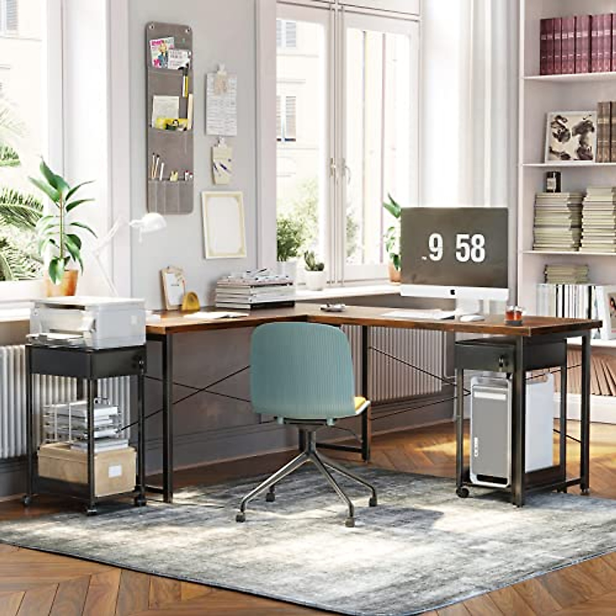 ODK 3-Tier Printer Stand with Storage, Computer Tower Stand with Drawer & Key, Movable CPU Stand, Under Desk Printer Shelf, Storage Shelf with Lockable Wheels for Home Office Black