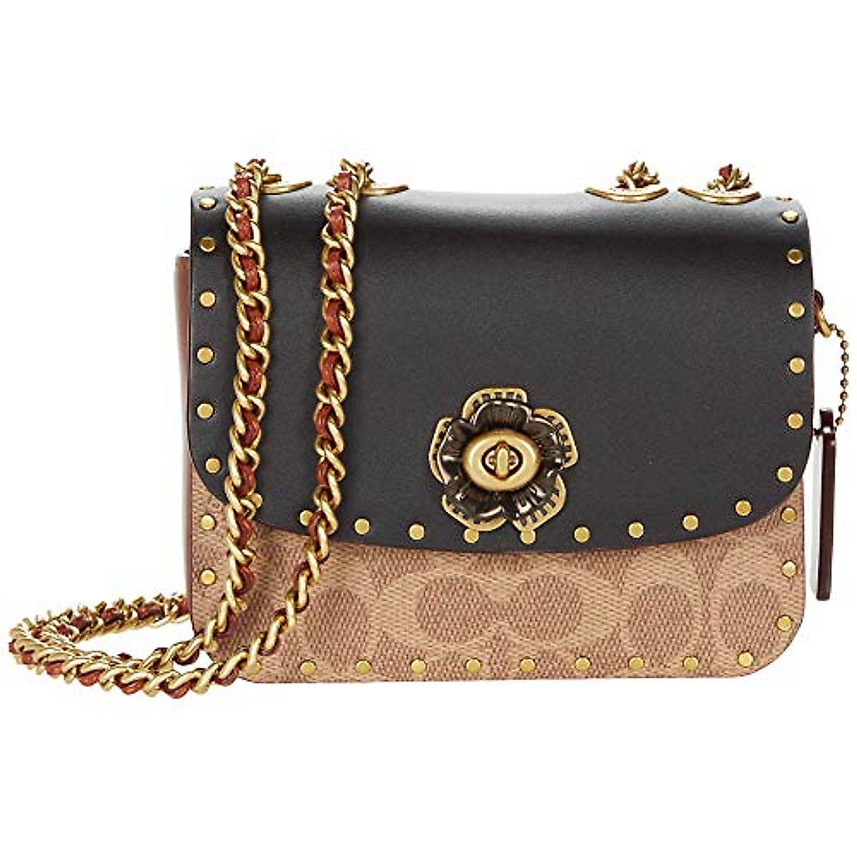 COACH Coated Canvas Signature Border Rivets Madison Shoulder Bag 16 Tan Rust One Size