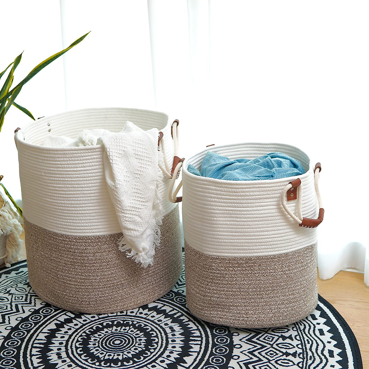 WSNYY Large Cotton Rope Basket, Storage Basket, Woven Laundry Hamper, Toy Storage Bin, Nursery Storage Basket, Baby Bin Organizer, White & Brown, 17x19 Inches