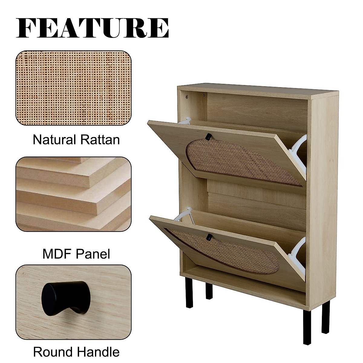 Yoluckea Rattan Shoe Storage Cabinet/Rack with 2 Flip Drawers for Entryway Modern Wooden Free Standing for Heels Slippers Hallway Bedroom Small Space(Natural)