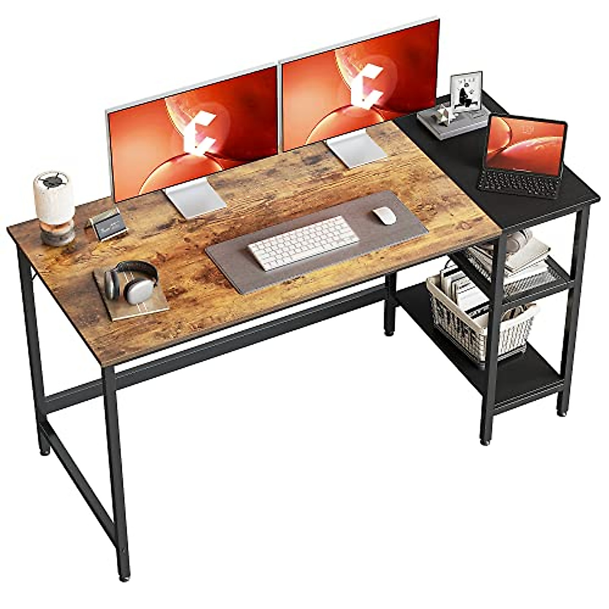 CubiCubi Computer Home Office Desk, 55 Inch Small Desk Study Writing Table with Storage Shelves, Modern Simple PC Desk with Splice Board, Brown Black Finish