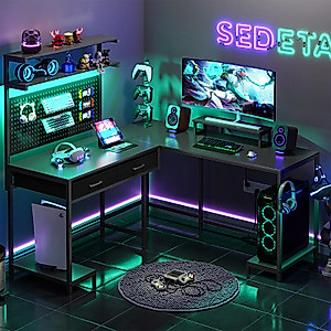 SEDETA L Shaped Gaming Desk with LED Lights, Pegboard and Drawers, Gaming Desk with Hutch, Computer Desk with Monitor Stand, Storage Shelves, Home Office Desk Corner Desk, Gaming Table, Black