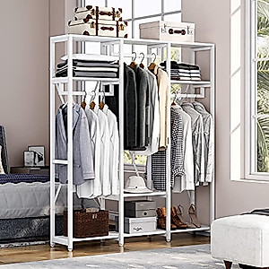 Tribesigns FreeStanding Closet Organizer, Industrial 3 Rod Garment Rack with 4-Tier Storage Shelf, Rustic Wardrobe Rack Clothes Rack for Hanging Clothes and Storage (White)