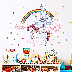 ROFARSO Colorful Unicorn Castle Stars Rainbow Clouds Large Wall Stickers Peel and Stick Removable Wall Decals DIY Decorations Decor for Nursery Baby Girls Bedroom Playroom Living Room