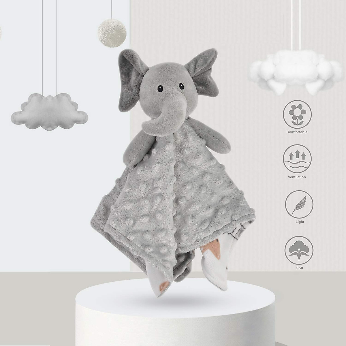 BORITAR Elephant Baby Security Blanket Soft Minky Dot Fabric Lovey Blanket with Lovely Animal Pattern Backing, Stuffed Plush Cuddle Newborn Blankie 14 Inch