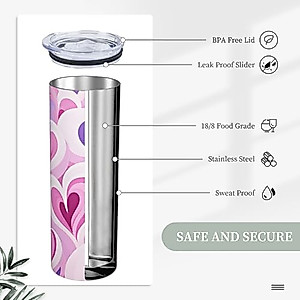 Tangopi Pink Purple Heart 20 oz Tumbler with Lid and Straw Insulated Travel Coffee Mug Reusable Spill Proof Coffee Cups Stainless Steel Water Bottle for Hot and Cold Drinks