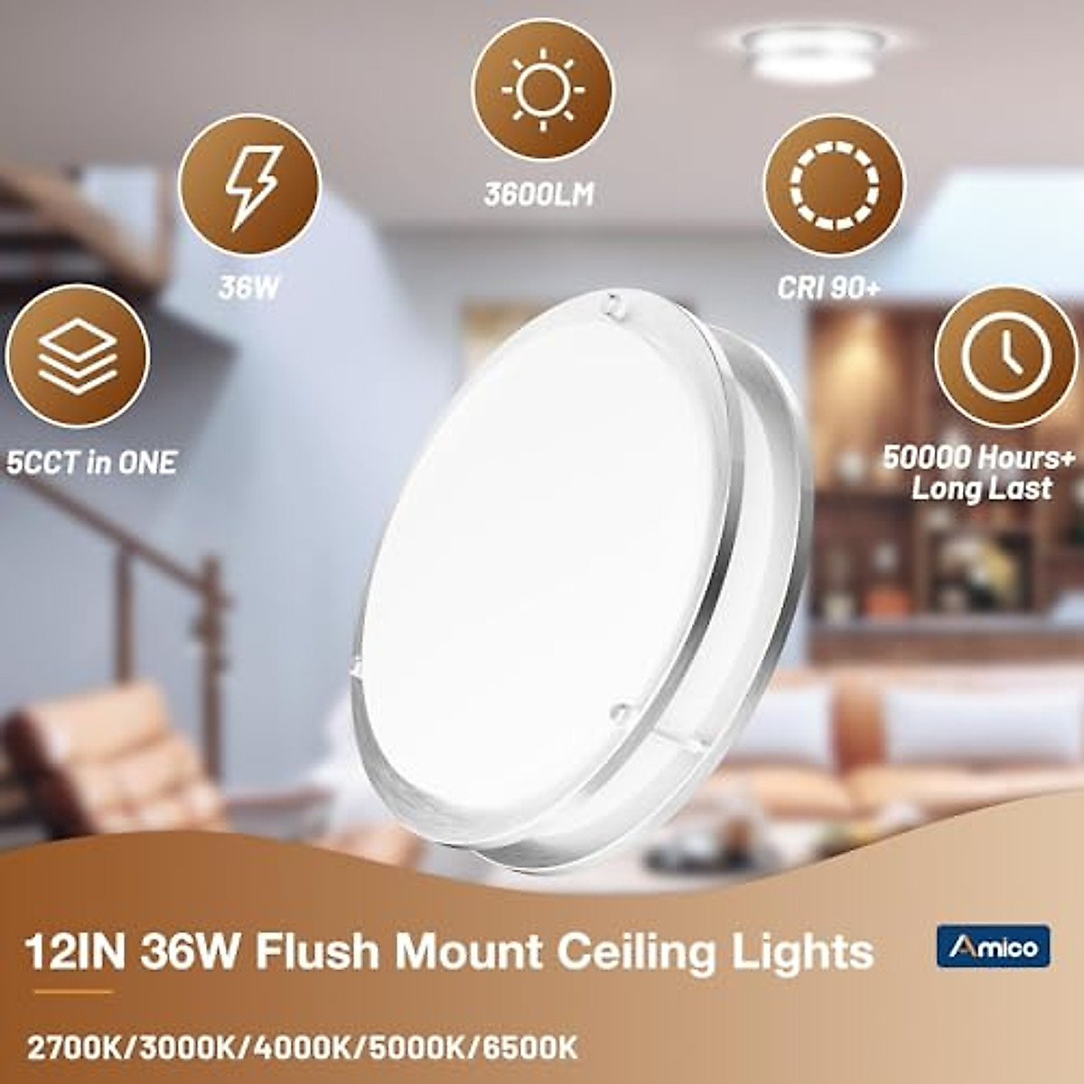 Amico Flush Mount Ceiling Light, 36W LED Ceiling Lights, 2700K/3000K/4000K/5000K/6500K 5CCT Selectable, 12 Inch Dimmable Ceiling Lights 2 Pack, Ceiling Lamp for Bedroom, Kitchen, Hallway