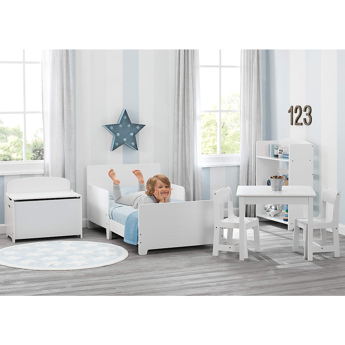 Delta Children MySize Toddler Bed, Bianca White, Dual Sided Recycled Fiber Core Mattress, 2 Attached Guardrails, 50 lbs Weight Capacity, 30 Inches Wide, 20 Inches Deep