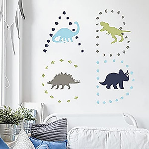 Yovkky Dinosaur Footprint Wall Decal Boy, Peel Stick DIY Dino Animal Paw Track Wall Sticker Nursery Blue Grey Decor, Home Baby Shower Room Decoration Kid Toddler Bedroom Playroom Art Party Supply Gift