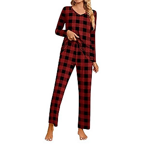 syoss Women's Pajama Sets Long Sleeve Sleepwear Soft Comfy Pj Lounge Sets XL, Red Checker