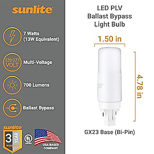 Sunlite GX23 LED Bulb, 2-Pin PLV, 7 Watt, Cool White (4000K), Full 360 Degree Illumination, 13 Watt CFL Replacement (Ballast Bypass Required)