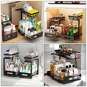 ADBIU Under Sink Organizer(10 Seconds Installation), 2 Packs 2 Tier Expandable Height (11" - 16") Under-Sink Organizers Slide out Pull out Bathroom Kitchen Organizers And Storage