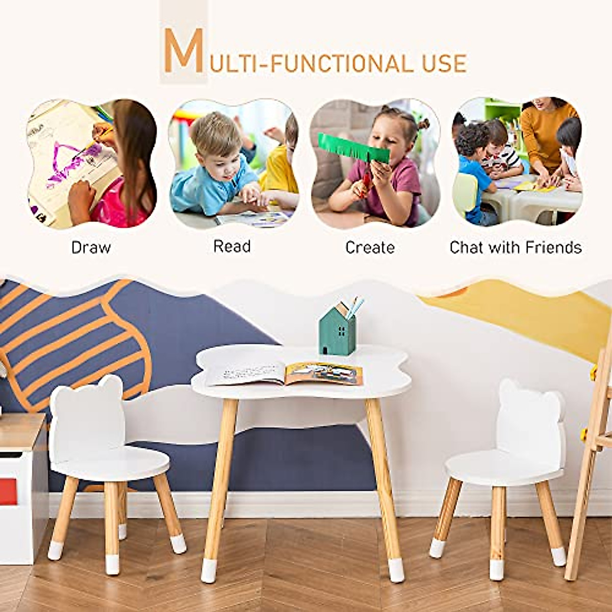 Qaba Wooden Kids Table and Chair Set Ideal for Arts, Meals, Homework, Cute Toddler Activity Table for Age 3 Years+, Grey