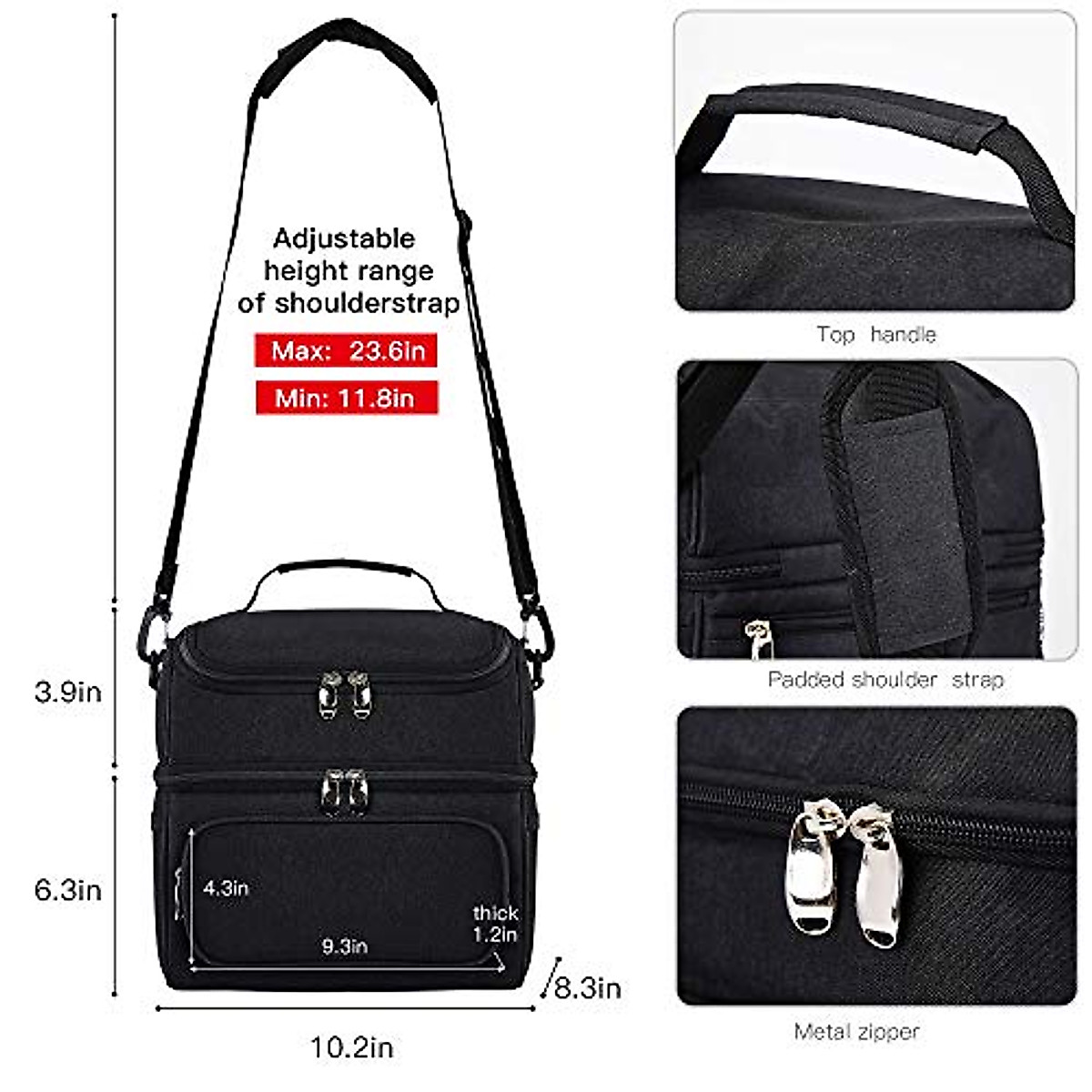 Dual Compartment lunch bag with Shoulder Strap Leakproof Insulated Cooler Bag Tote with Lunchbox Belt for Men Women Adults Work (Black)