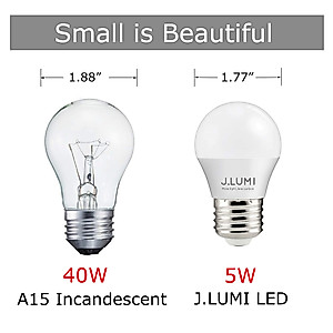 J.LUMI A15 LED Bulbs 5W, 3000K Soft White, A15/G45 Shape Small Bulbs, E26 Medium Base, for table lamps, refrigerators, ceiling fans, NOT DIMMABLE (4 Count)