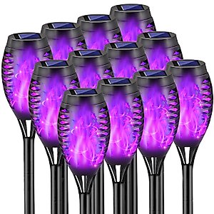 COCOMOX Halloween Decorations Outdoor, 12 Pack Purple Solar Lights Outdoor Waterproof 12 LED Mini Tiki Torch Lights with Flickering Flame for Outside Landscape Garden Pathway Dusk to Dawn Auto On/Off