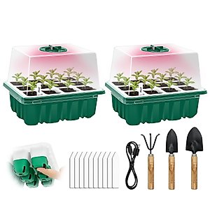 Seed Starter Tray Kit with Grow Light | 12 Flexible Pop-Out Cells Silicone Bottoms | Reusable Seedling Starter Trays with Humidity Dome,Garden Tools,Labels | for Starting Vegetable Flower Seeds