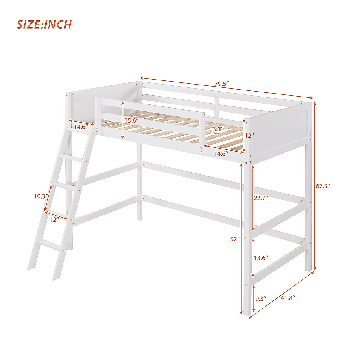 Harper & Bright Designs Twin Size Loft Bed with Inclined Ladder, Solid Wood Loft Bed Twin Frame with Full Length Guardrails for Kids Adults Boys Girls Teens, No Box Spring Needed (White)