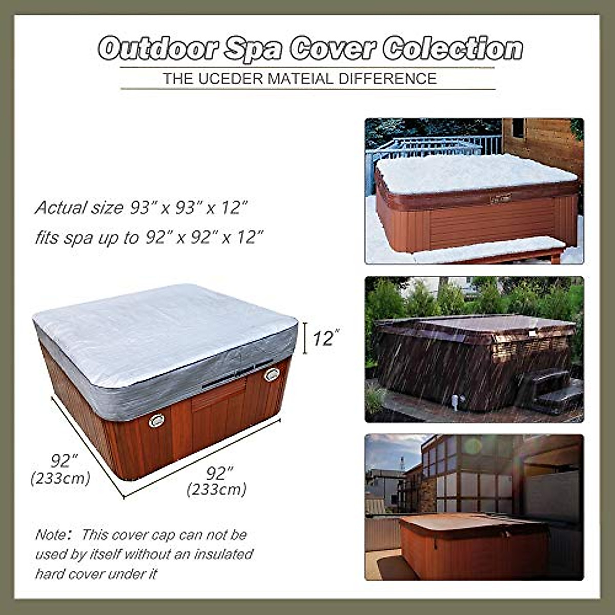 hot tub Cover Cap Prevent Snow rain Swim spa Cover Bag 92" Lx92 Wx12 H