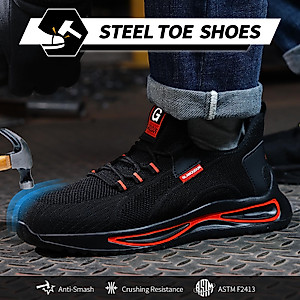 GLANOUDUN Steel Toe Shoes for Men Black Work Shoes for Men Lightweight Steel Toe Sneakers for Men Comfort Mens Safety Shoes Indestructible Working Shoes Red