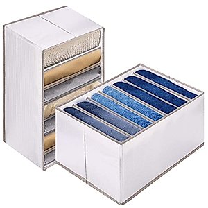 2 Pcs Wardrobe Clothes Organizer with Support Board- Foldable Mesh Closet Storage Large 7 Grids Divider Drawer Organizers Washable Compartment Box for Jeans T-shirt Pants Legging (L-7Grids), White